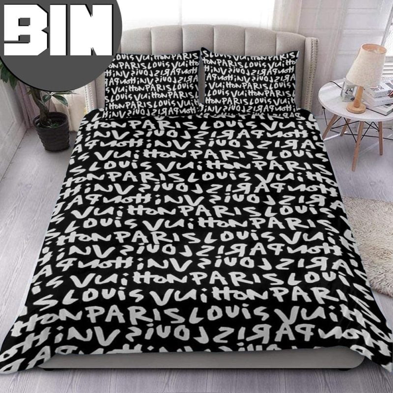 Louis Vuitton Text Pattern Black And White Bedding Set - Binteez