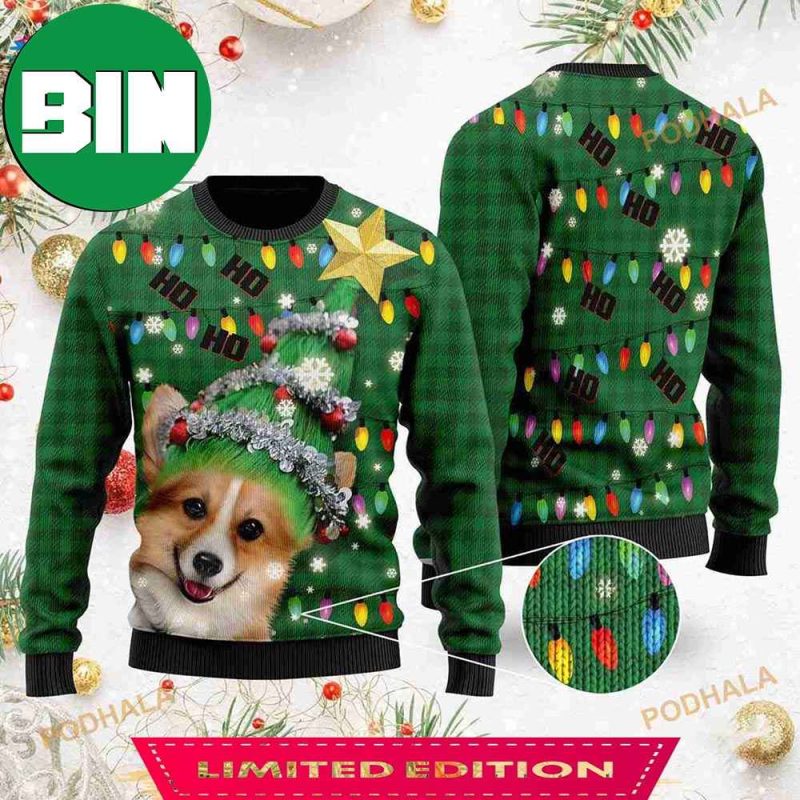 3D Ho Ho Ho Corgi Christmas Tree Funny Ugly Sweater - Binteez