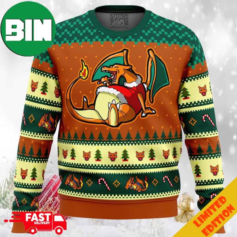 Pokemon Eating Candy Cane Charizard Ugly Christmas Sweater 2023 Anime ...